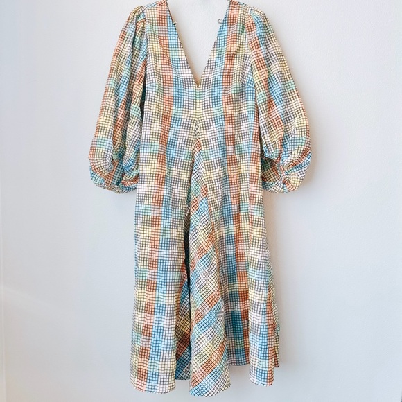 Ganni | Dresses | Ganni Seersucker Check Midi Dress Puff Sleeve Pastel ...